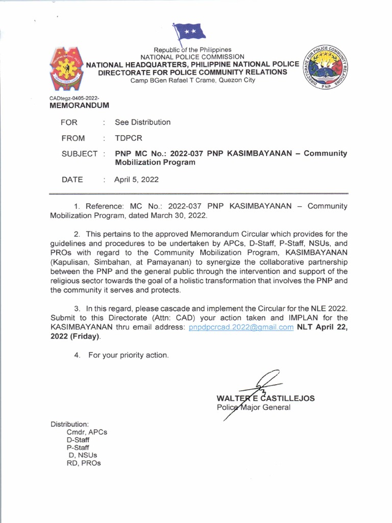 PNP MC No 2022-037 PNP Kasimbayanan - Community Mobilization Program | PDF