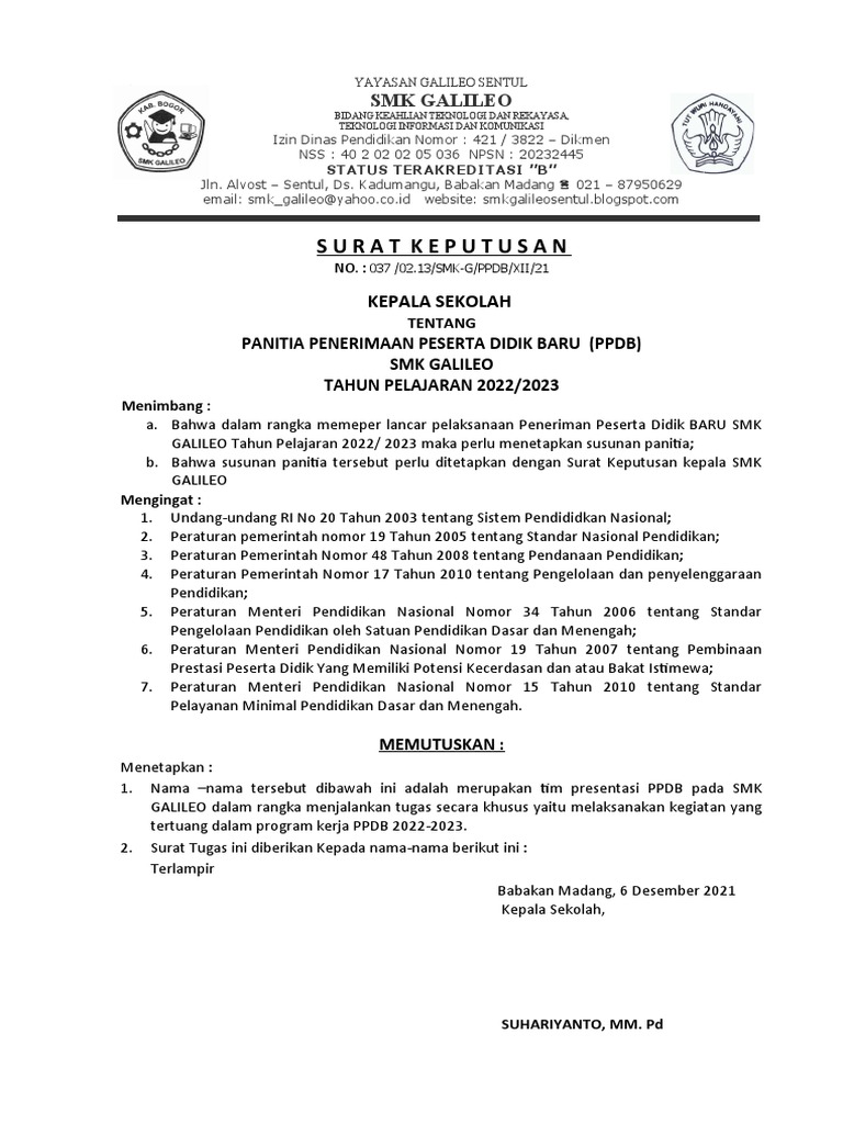 SK Tim Presentai Dan Panitia PPDB 2022 | PDF