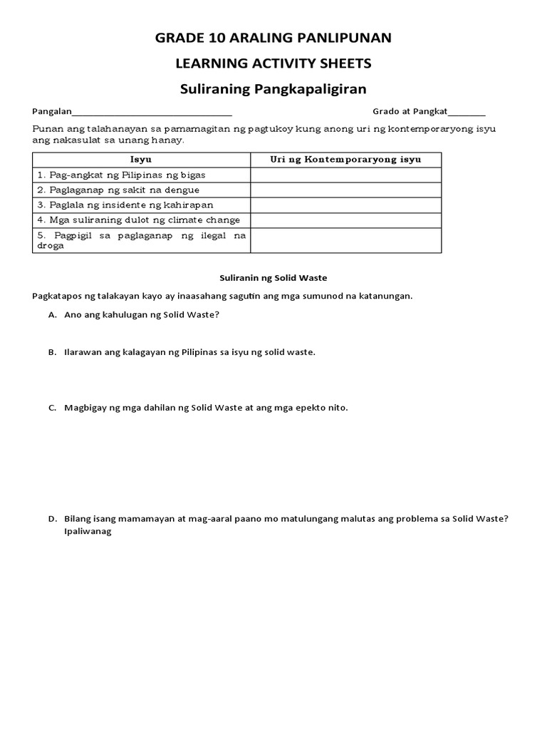 GRADE 10 ARALING PANLIPUNAN q1 Week 3-Solid Waste LAS | PDF