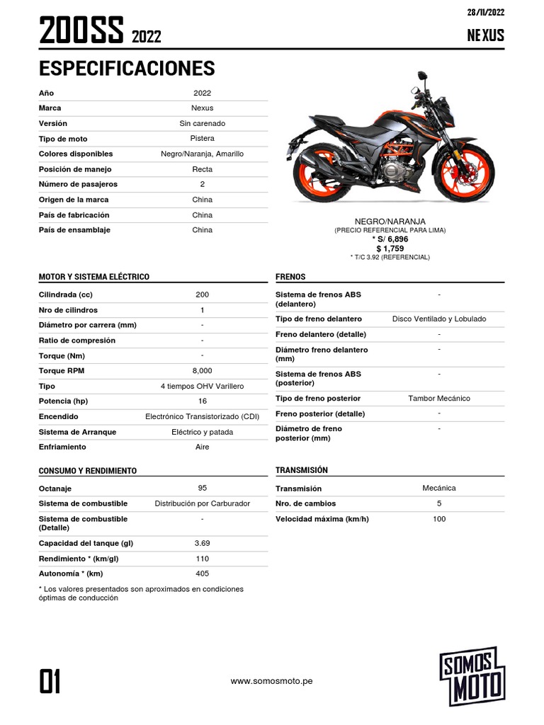 Especificaciones Moto Nexus 200SS | PDF | Motocicleta | Fabricantes de ...