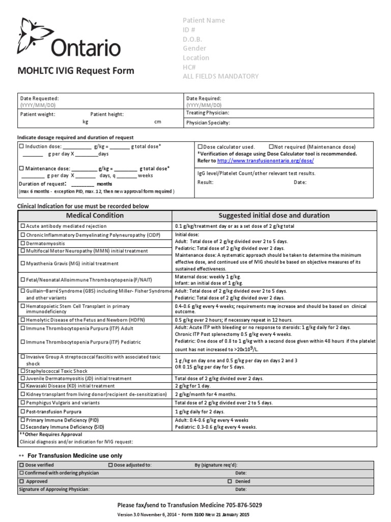 Ontario MOHLTC IVIG Request Form | PDF | Dose (Biochemistry) | Chemistry