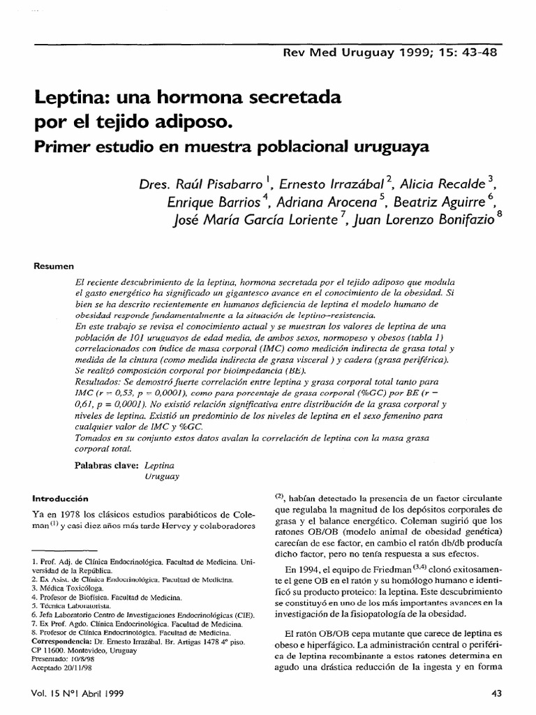 Leptina Una Hormona Secretada Por El Tejido Adiposo | PDF | Tejido ...