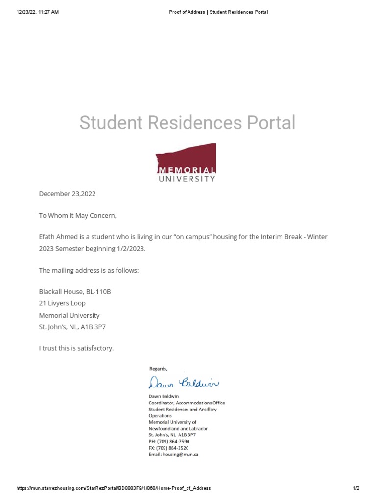 Proof of Address - Student Residences Portal | PDF