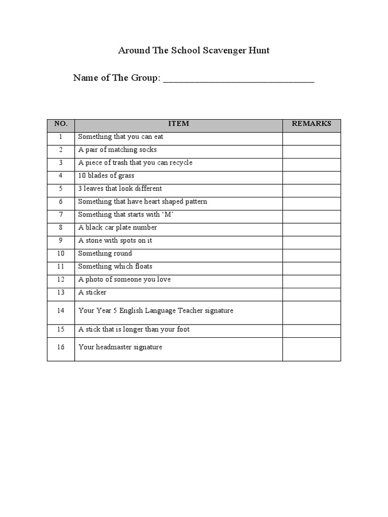School Scavenger Hunt Checklist | PDF | Language Arts & Discipline ...