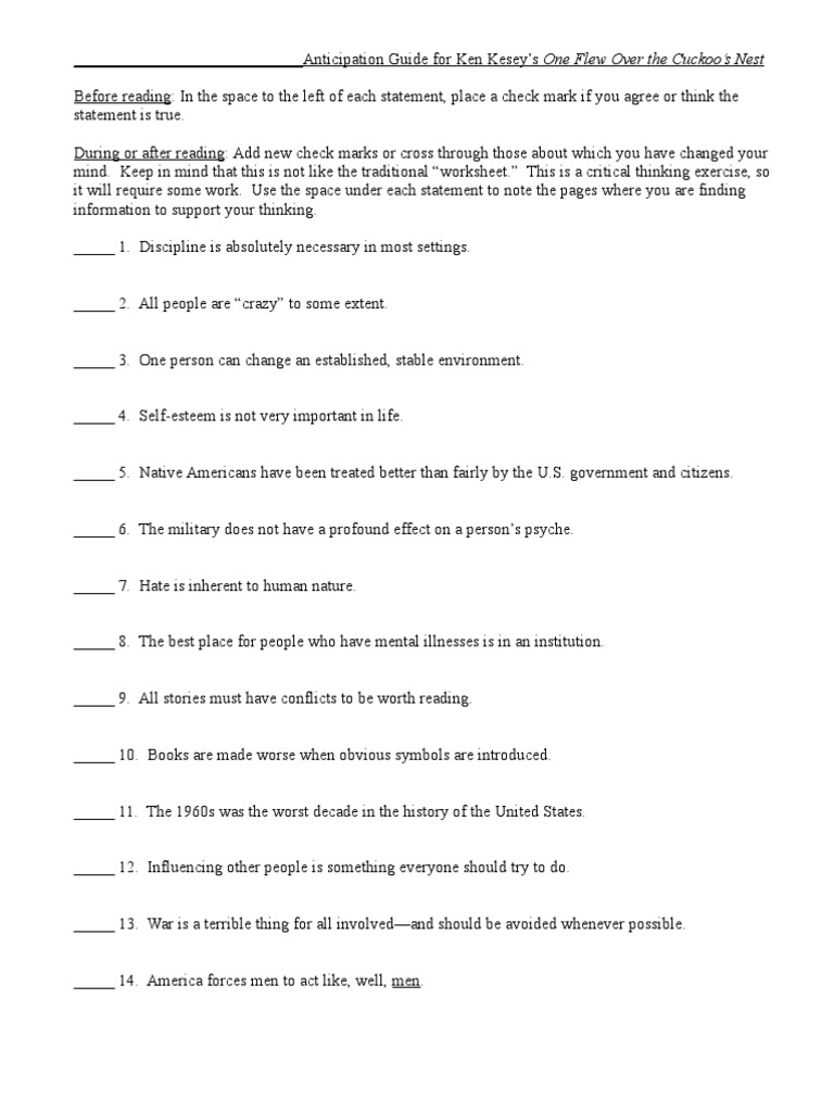 Anticipation Guide for Cuckoo's Nest | PDF
