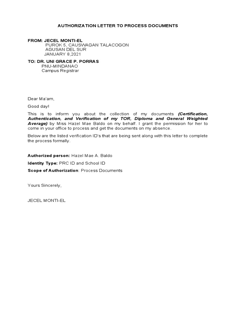 Authorization Letter To Process Documents | PDF