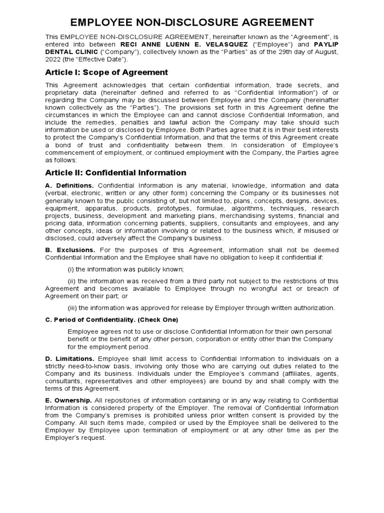 Employee Non-Disclosure Agreement | PDF | Non Disclosure Agreement ...