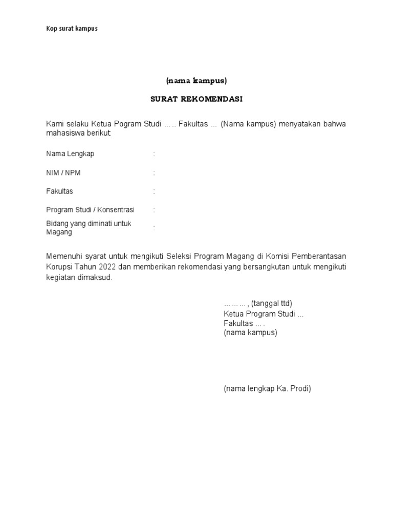 Surat Rekomendasi Mahasiswa Untuk Magang | PDF