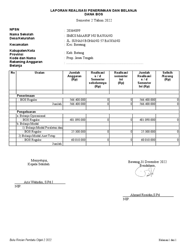 Laporan Dan Realisasi Penerimaan Dan Belanja Dana Bos SMT 2 | PDF