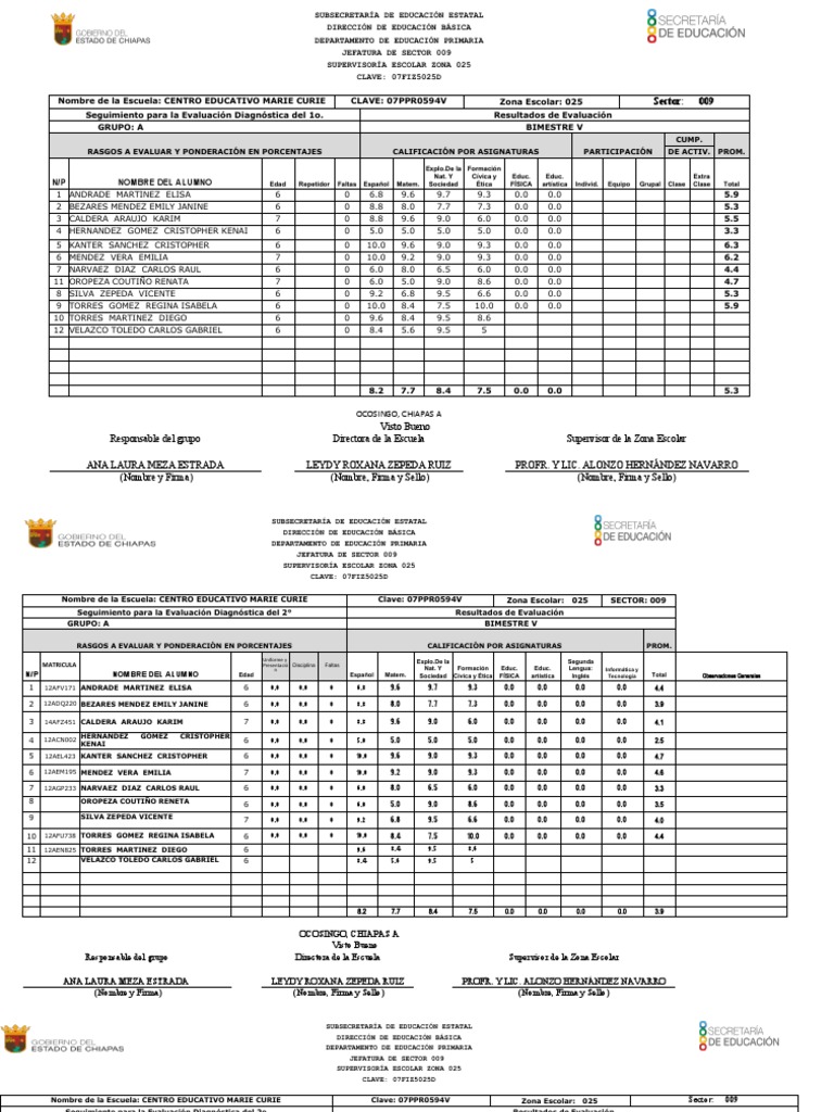 Concentrado de Calificaciones Diagnostico 2a | PDF | Educación primaria | Etapas educativas