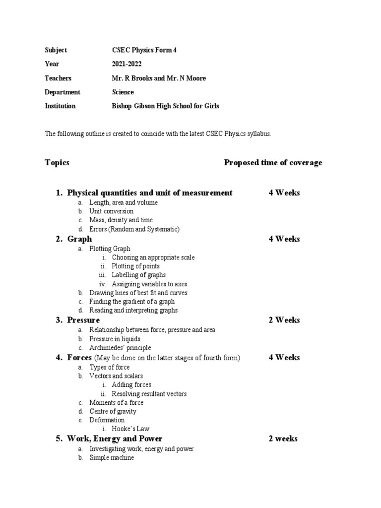 CSEC Physics Guide for Form 4 Students | PDF | Force | Pressure