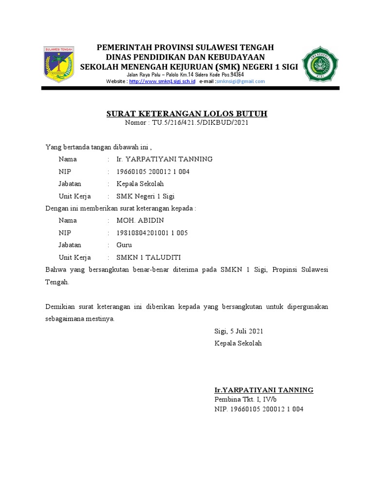 Surat Keterangan Lolos SMK Sigi | PDF