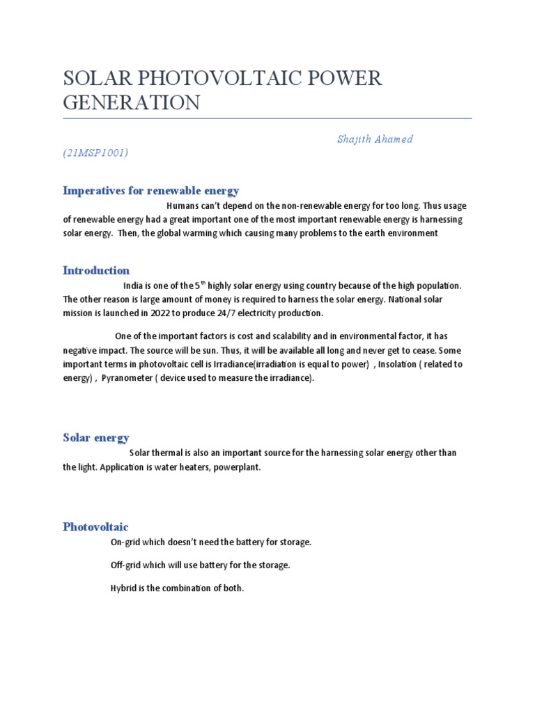 Solar Photovoltaic Power Generation | PDF | Photovoltaic System | Solar Energy