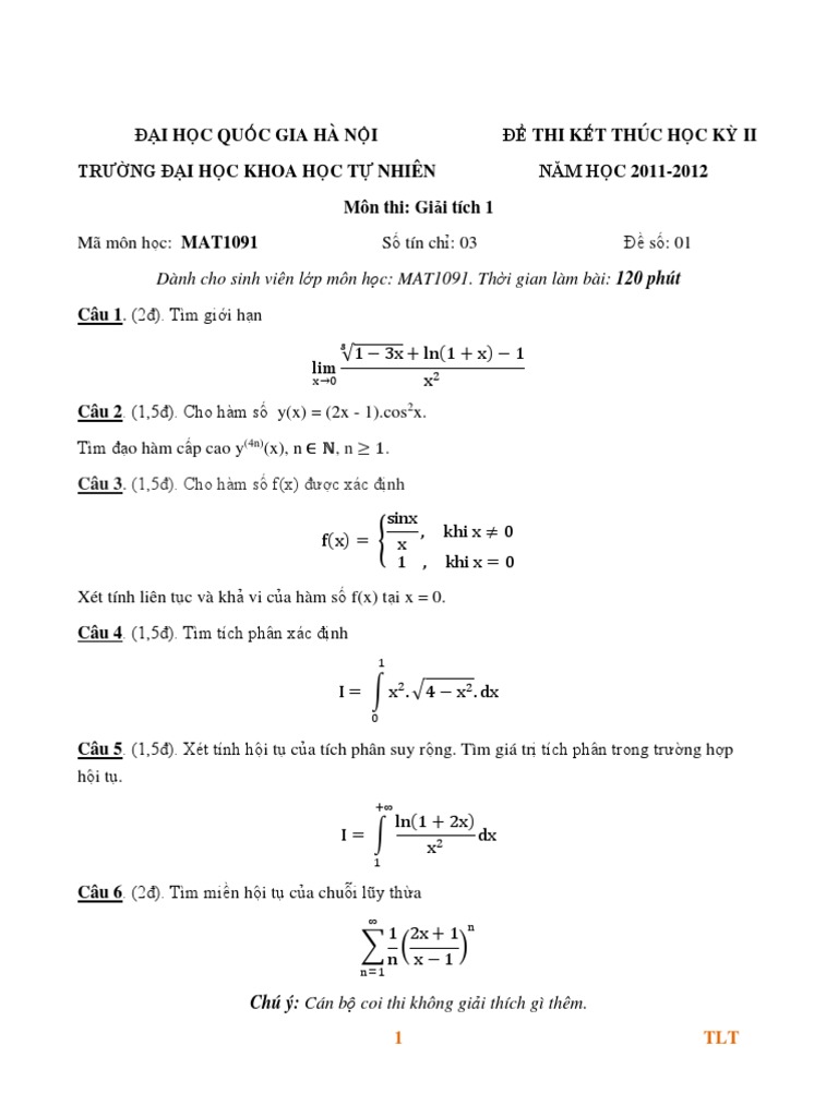 De Thi Cuoi Ky MAT1091 | PDF