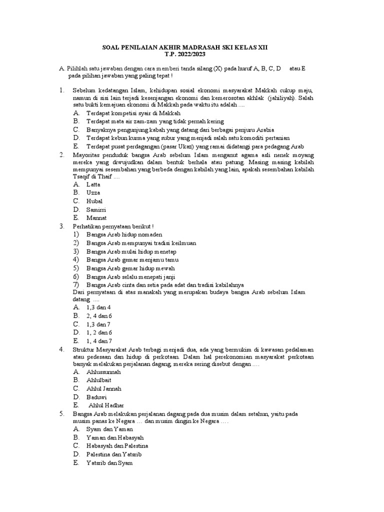 Soal Penilaian Akhir Madrasah Ski Kelas Xii | PDF