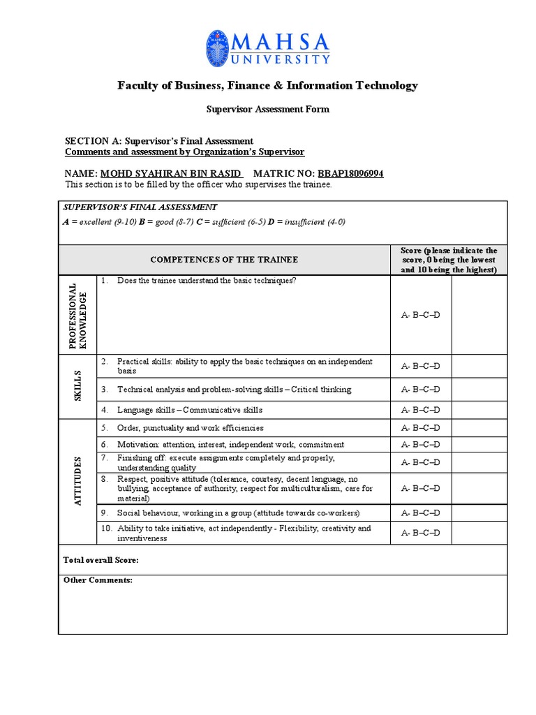 5. Supervisor Assessment Form | PDF | Skill | Cognition