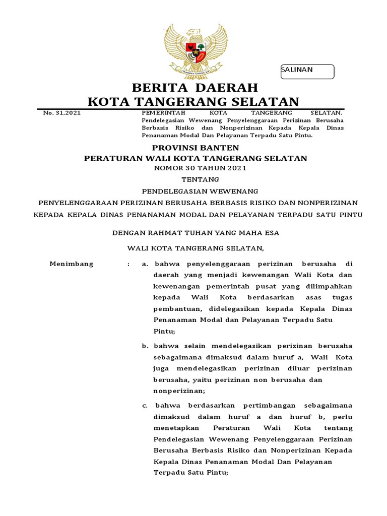 Perwal Kota Tangerang Selatan Nomor 30 Tahun 2021 | PDF