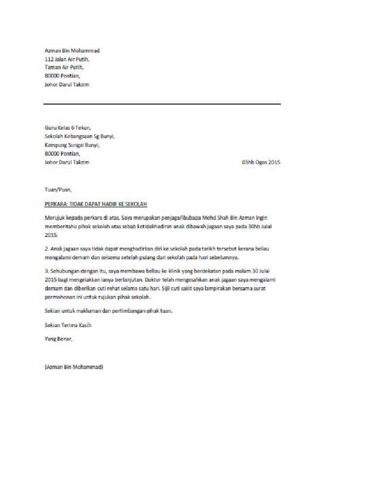 Contoh Surat Rasmi Tidak Hadir Ke Sekolah | PDF