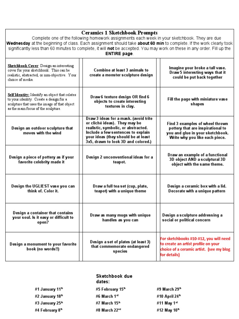 Ceramics 1 Sketchbook Prompts Spring 2023 | PDF | Sculpture | Pottery