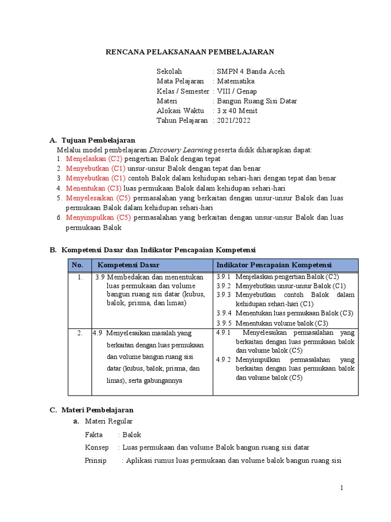 RPP Kelas 8 Balok FIX | PDF