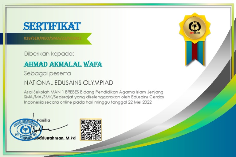 Sertifikat Olimpiade Edusains | PDF