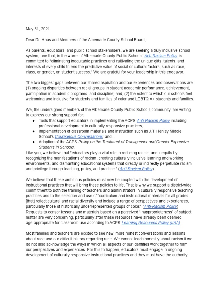 School Board Letter - Albemarle County School Board | PDF