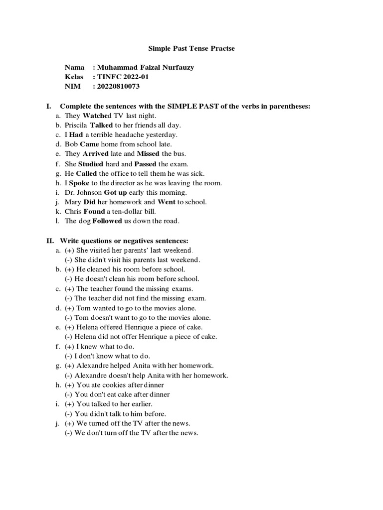 Simple Past Tense Worksheet | PDF