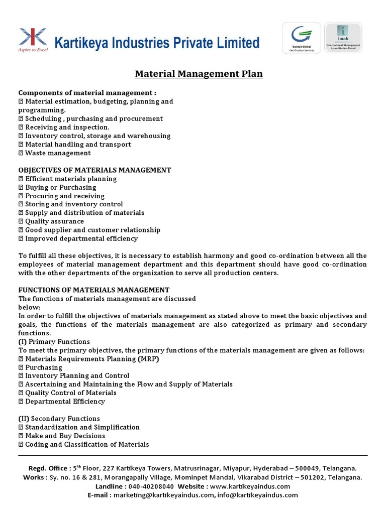 Material Management Plan | Download Free PDF | Business | Business Process
