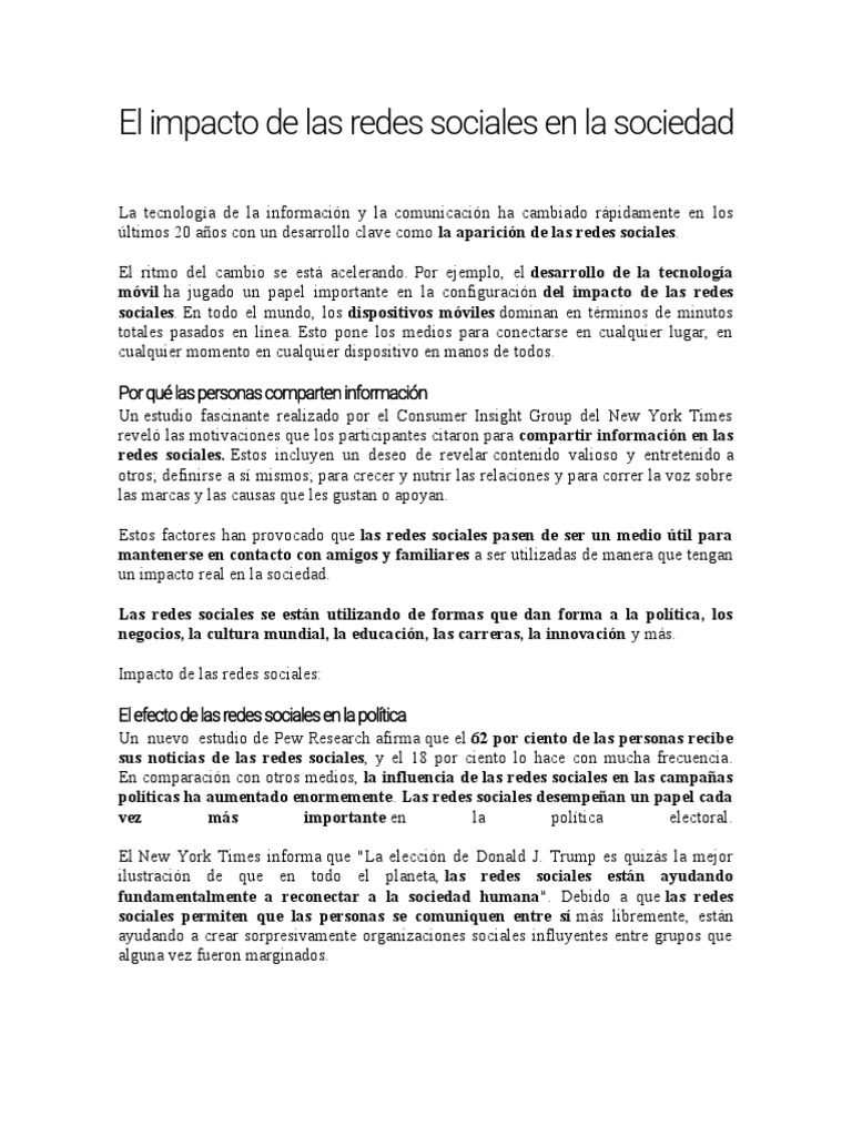 Impacto de las redes sociales en la sociedad | PDF | Servicio de redes ...