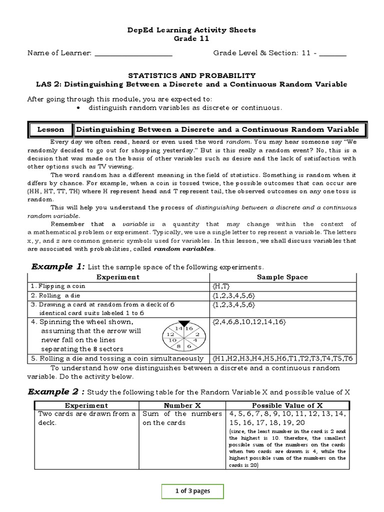 LAS 2 Distinguishing Between A Discrete and A Continuous Random Variable | PDF | Random Variable ...