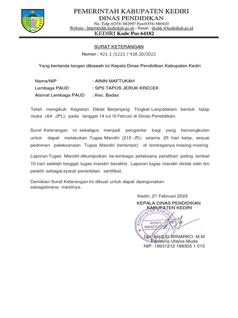 Surat Pengantar TM Dan Keterangan Tatap Muka Diklan | PDF