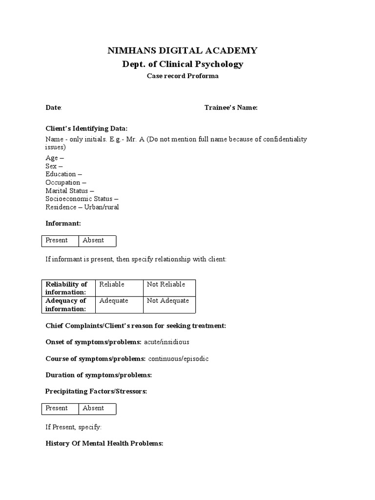 NIMHANS Case Record Proforma Guide | PDF | Mental Disorder | Mental Health