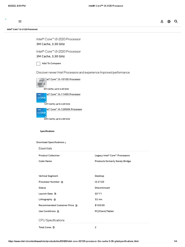 Intel® Core™ I3-2120 Processor | PDF | Central Processing Unit | Intel