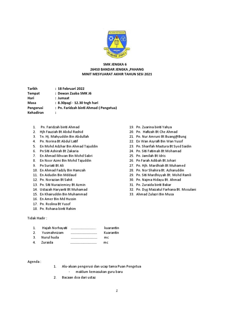Catatan Minit Mesyuarat 18 MAC 2022 SMKJ6 | PDF