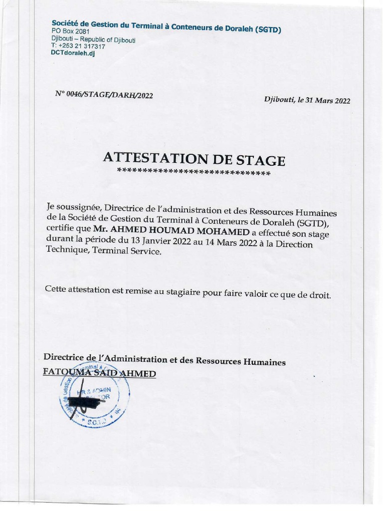 Attestattion de Stage | PDF