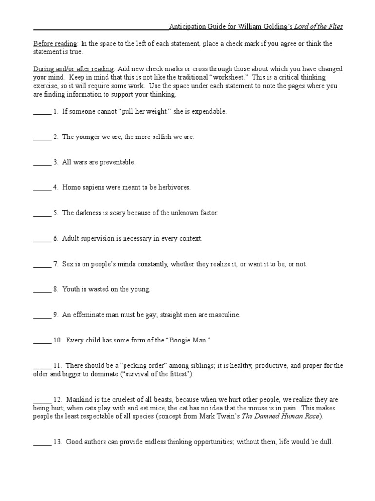 Anticipation Guide for Lord of the Flies | PDF | Id | Psychology