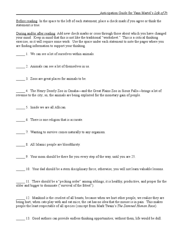Life of Pi Anticipation Guide | PDF | Id