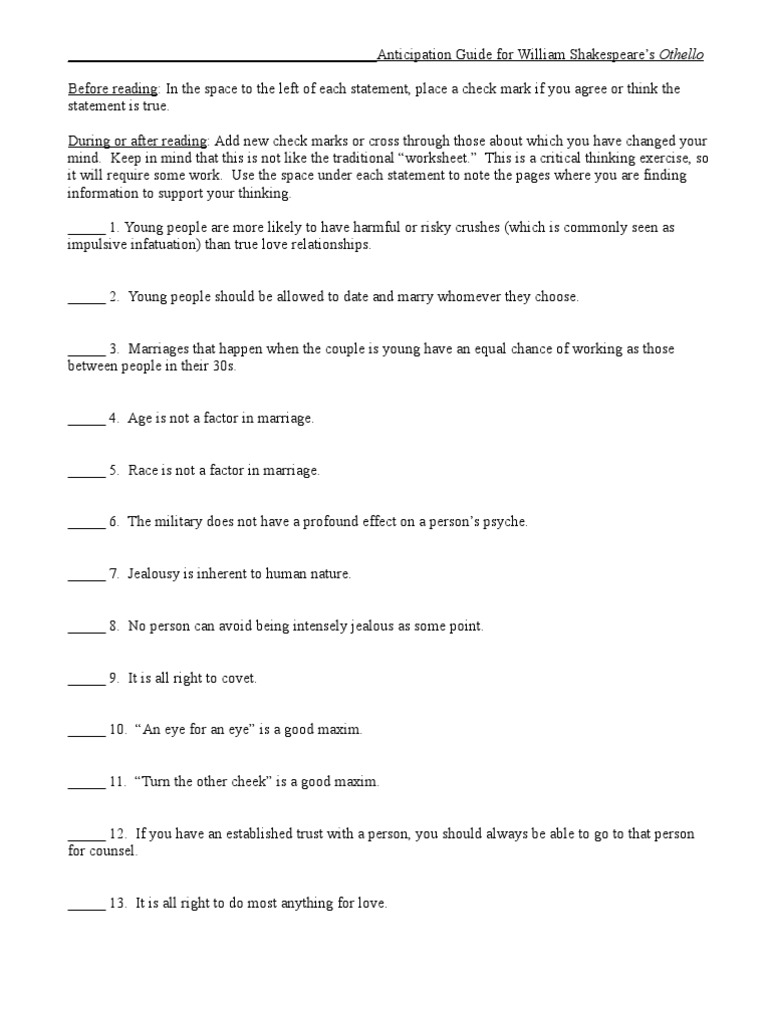 Othello Anticipation Guide | PDF | Self-Improvement | Wellness