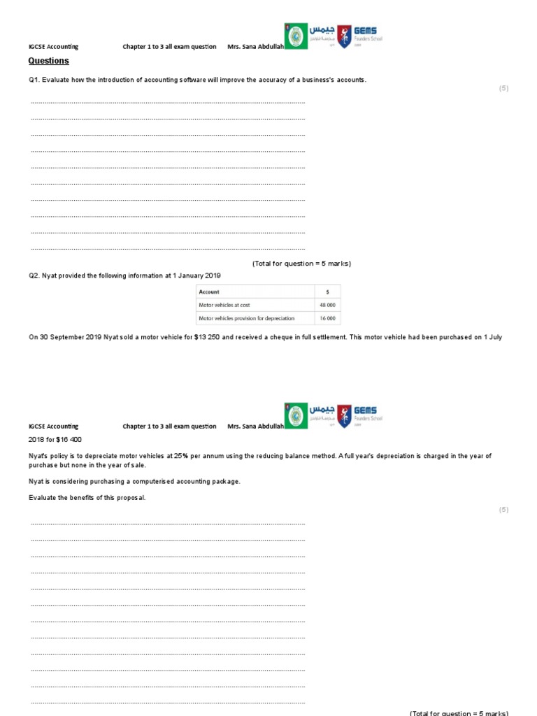 Chapter 1 To 3 All Exam Questions | PDF | Depreciation | Accounting