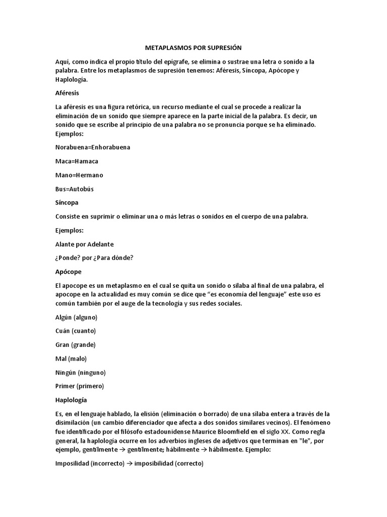 Metaplasmos por Supresión: Ejemplos y Tipos | PDF | Artes del Lenguaje ...