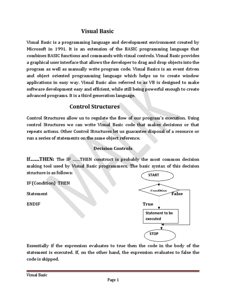 Visual Basic Notes 1 Pdf Subroutine Control Flow