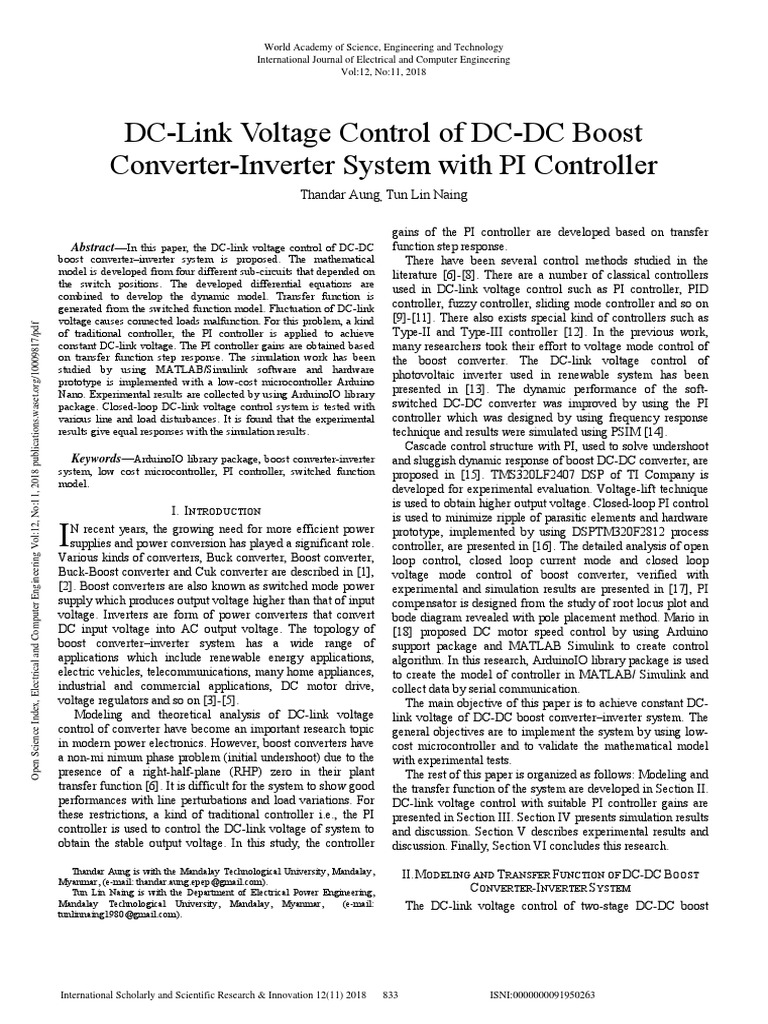 DC Link Voltage Control of DC DC Boost Converter Inverter System With Pi Controller | PDF ...