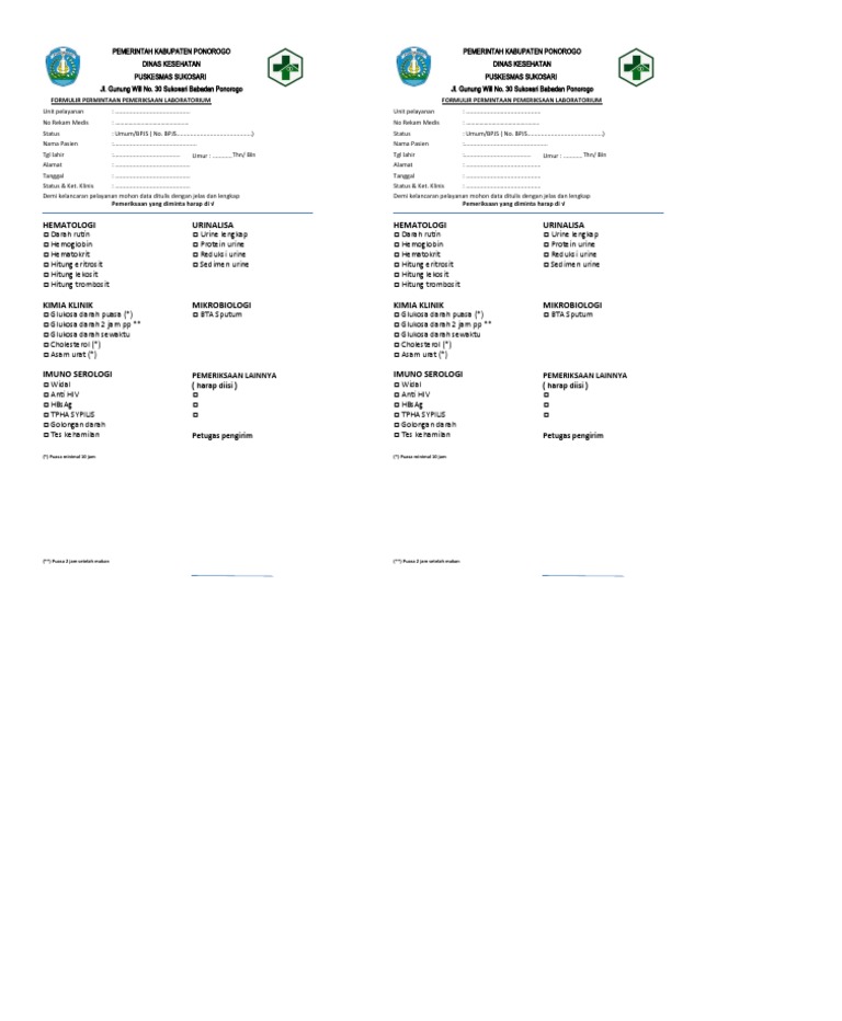 Form Pengiriman Pemeriksaan Lab | PDF