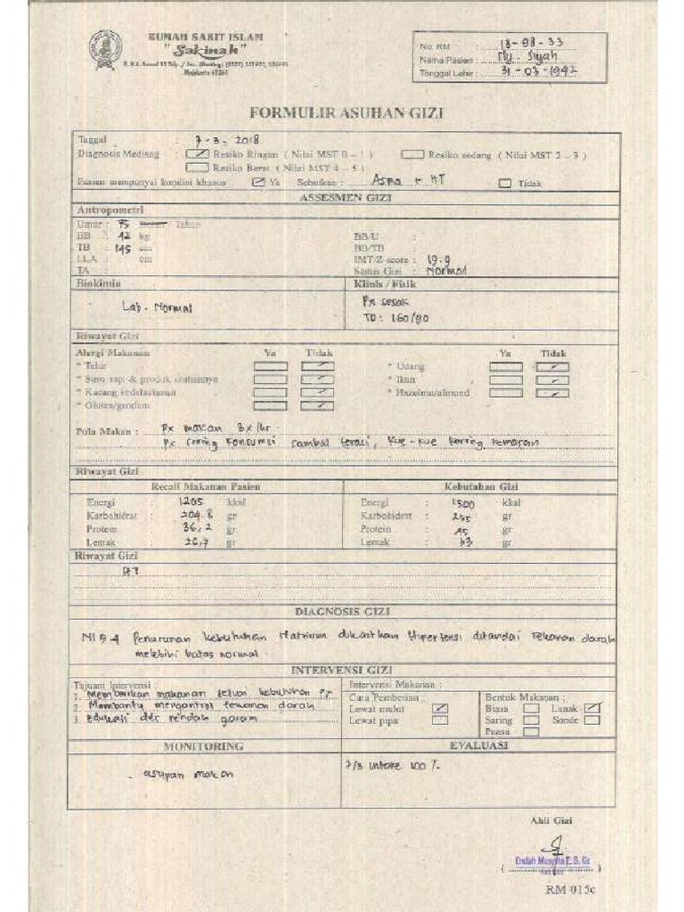 Contoh Rekap Asuhan Gizi RS + Form | PDF