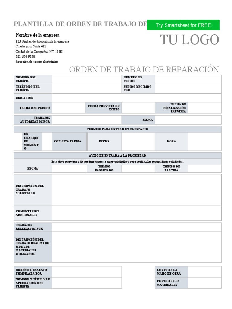 Plantilla de Orden de Trabajo de Reparación | PDF | Informática
