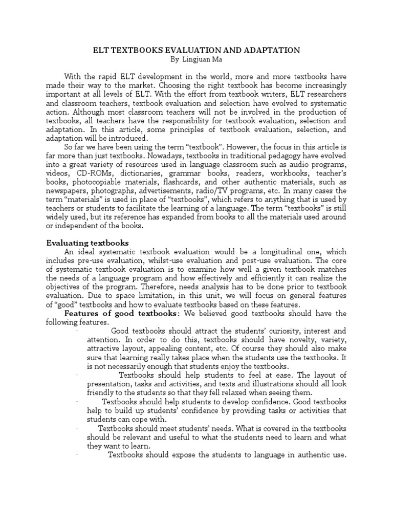 Elt Textbooks Evaluation and Adaptation: Lingjuan Ma | PDF | Textbook ...