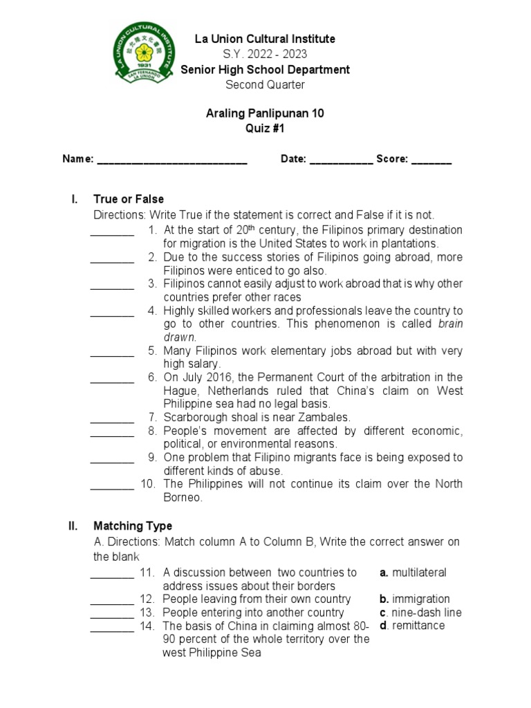 AP Quiz 1 | PDF | Philippines | Human Migration