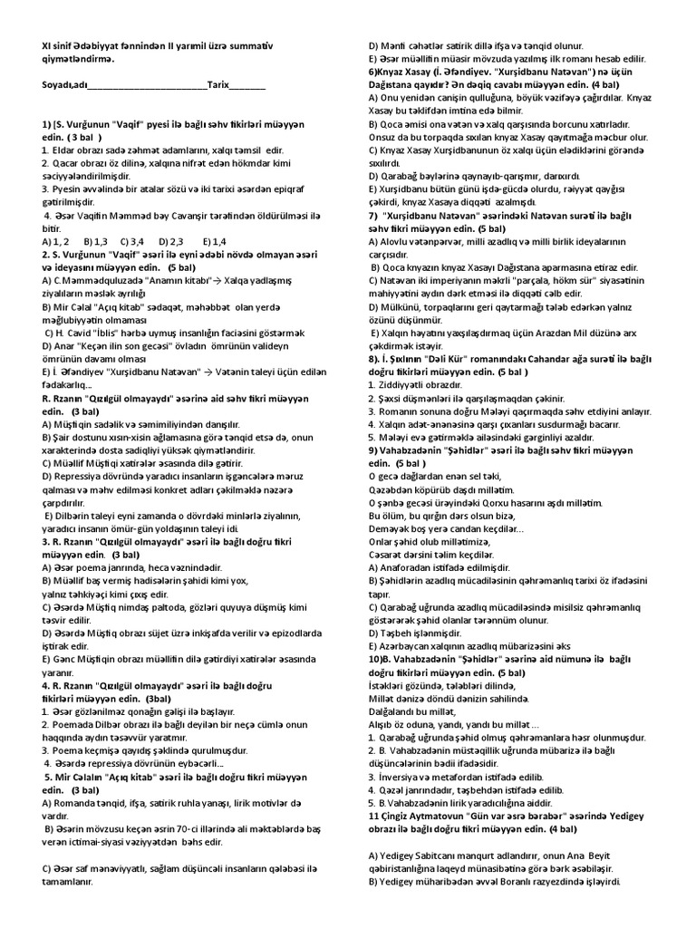 XI Sinif Ədəbiyyat BSQ 2 | PDF