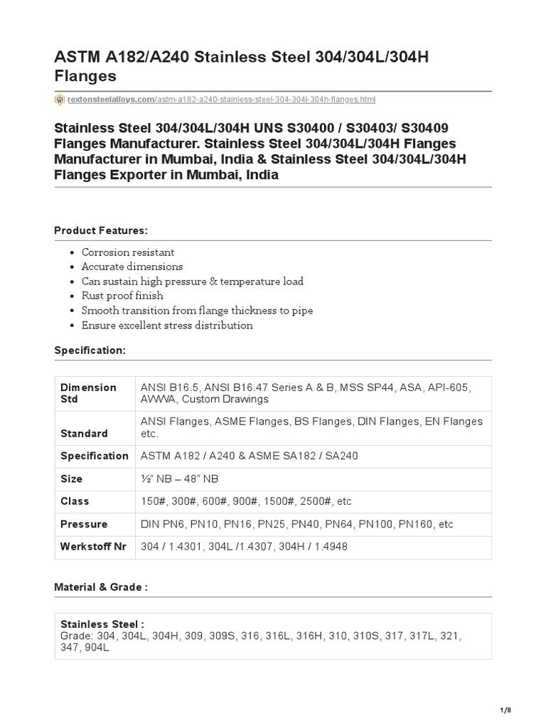 ASTM A182/A240 Stainless Steel 304/304L/304H Flanges - Rexton Steel ...