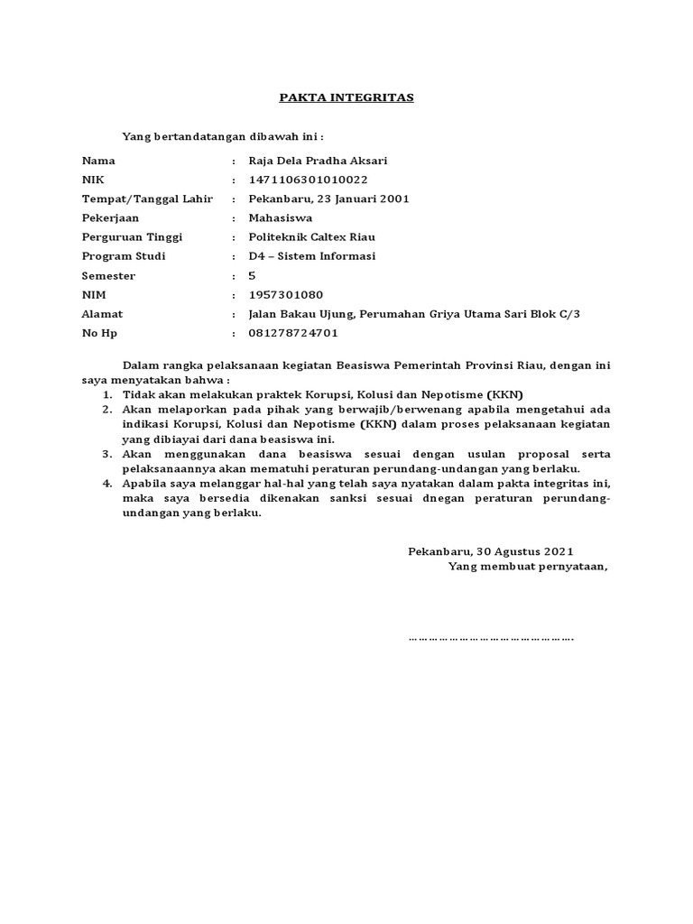 Contoh Format Surat Pakta Integritas | PDF